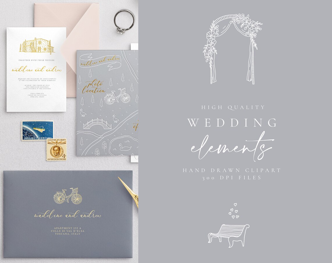 Wedding Elements Illustrations Floral Invitation Digital | Etsy