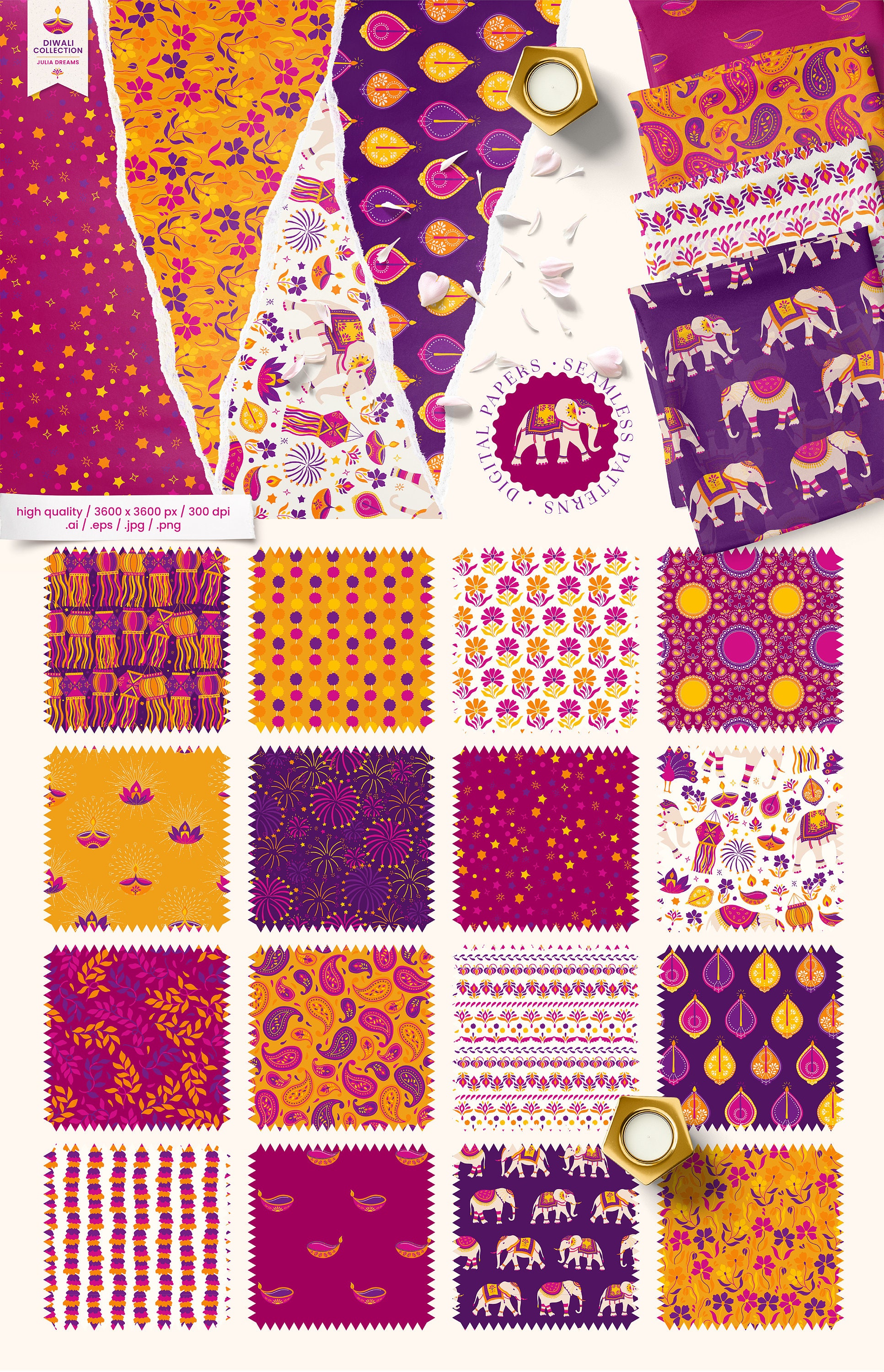 Diwali Digital Papers - Commercial Use - Scrapbook Paper - Seamless ...