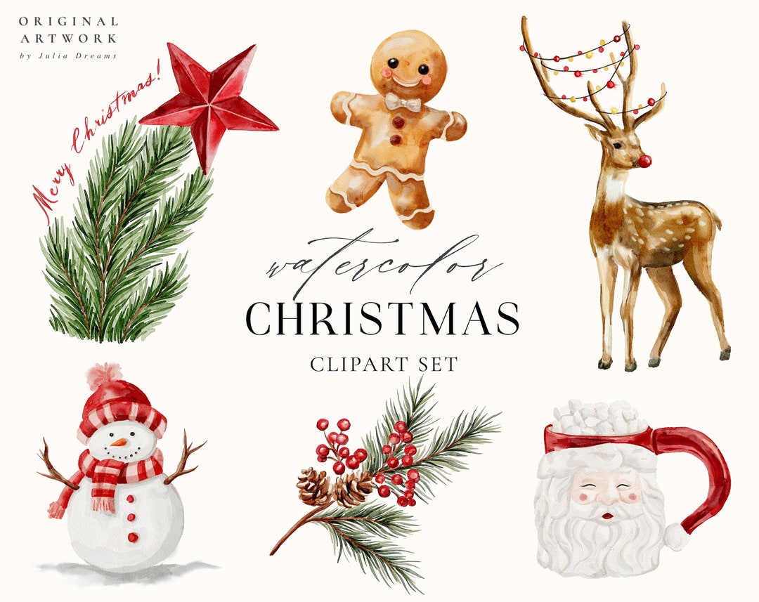 Watercolor Christmas Clipart Set - Vintage Christmas Digital Clip Art ...