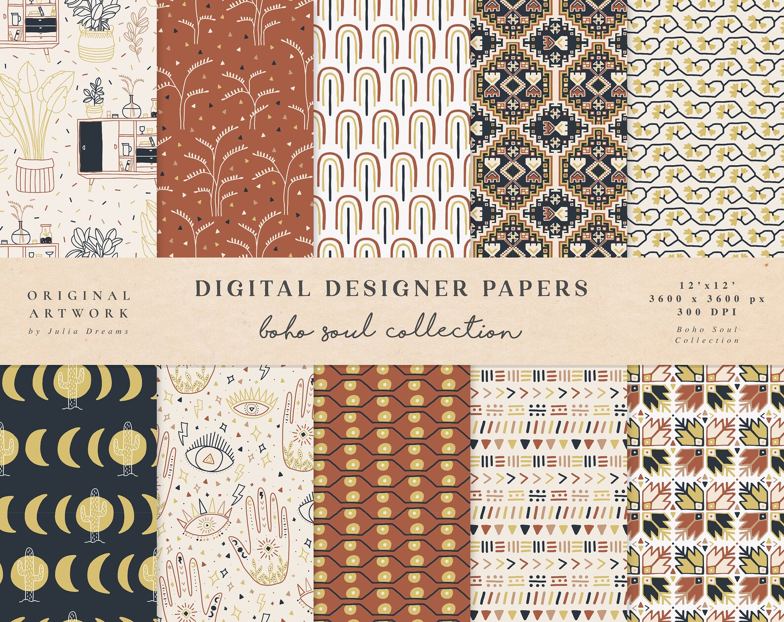 Boho Soul Digital Paper Set - Scrapbook Paper - Seamless Patterns ...