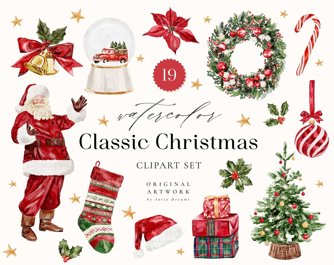 Christmas Clipart Set - Watercolor Vintage Christmas Digital Clip Art ...