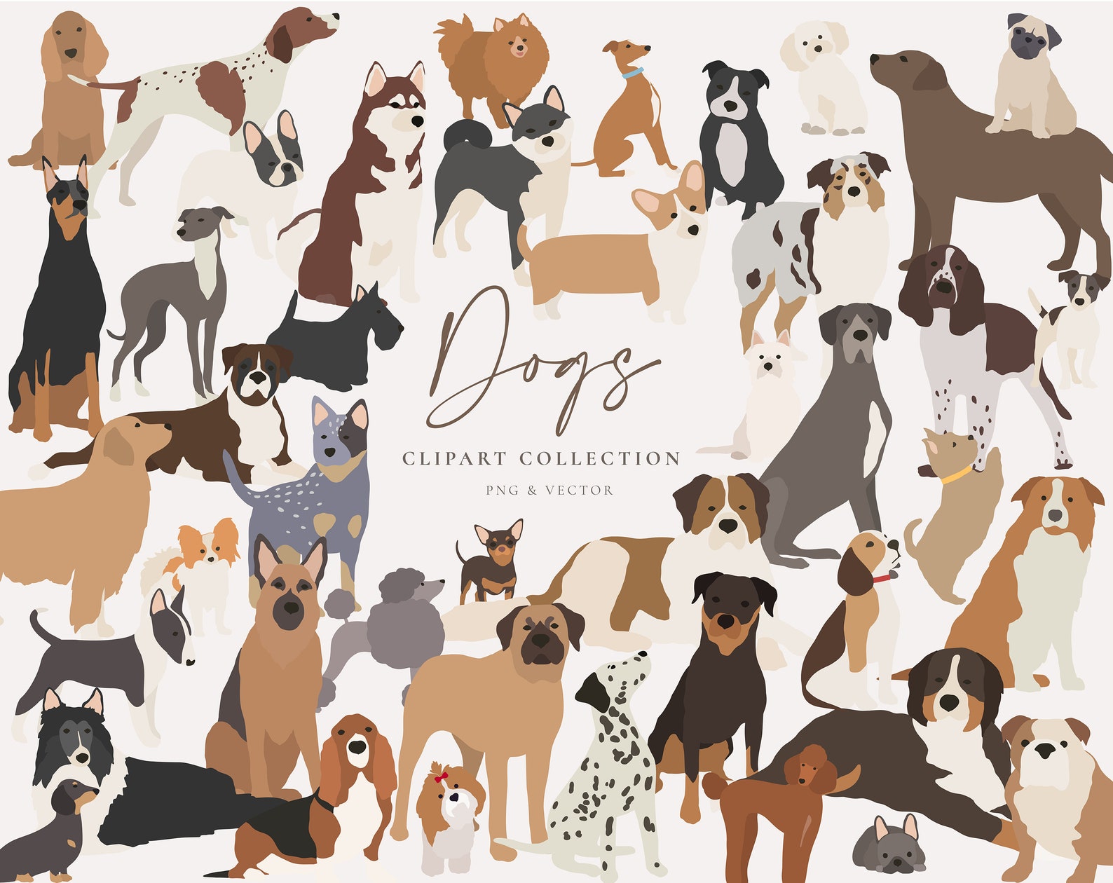 Dog Clipart Set - Hand Drawn Dog Breeds - Small, Medium and Large Dogs ...
