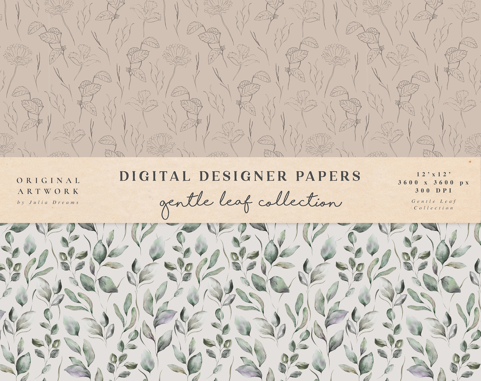 Gentle Leaf Digital Paper - Watercolor Scrapbook Papers - Seamless ...
