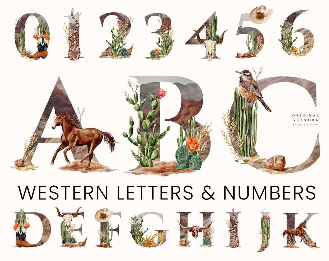 Watercolor Wild West Alphabet Letters Numbers - Western Animals ...
