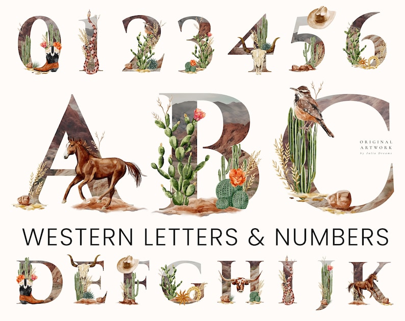 Watercolor Wild West Alphabet Letters Numbers - Western Animals ...