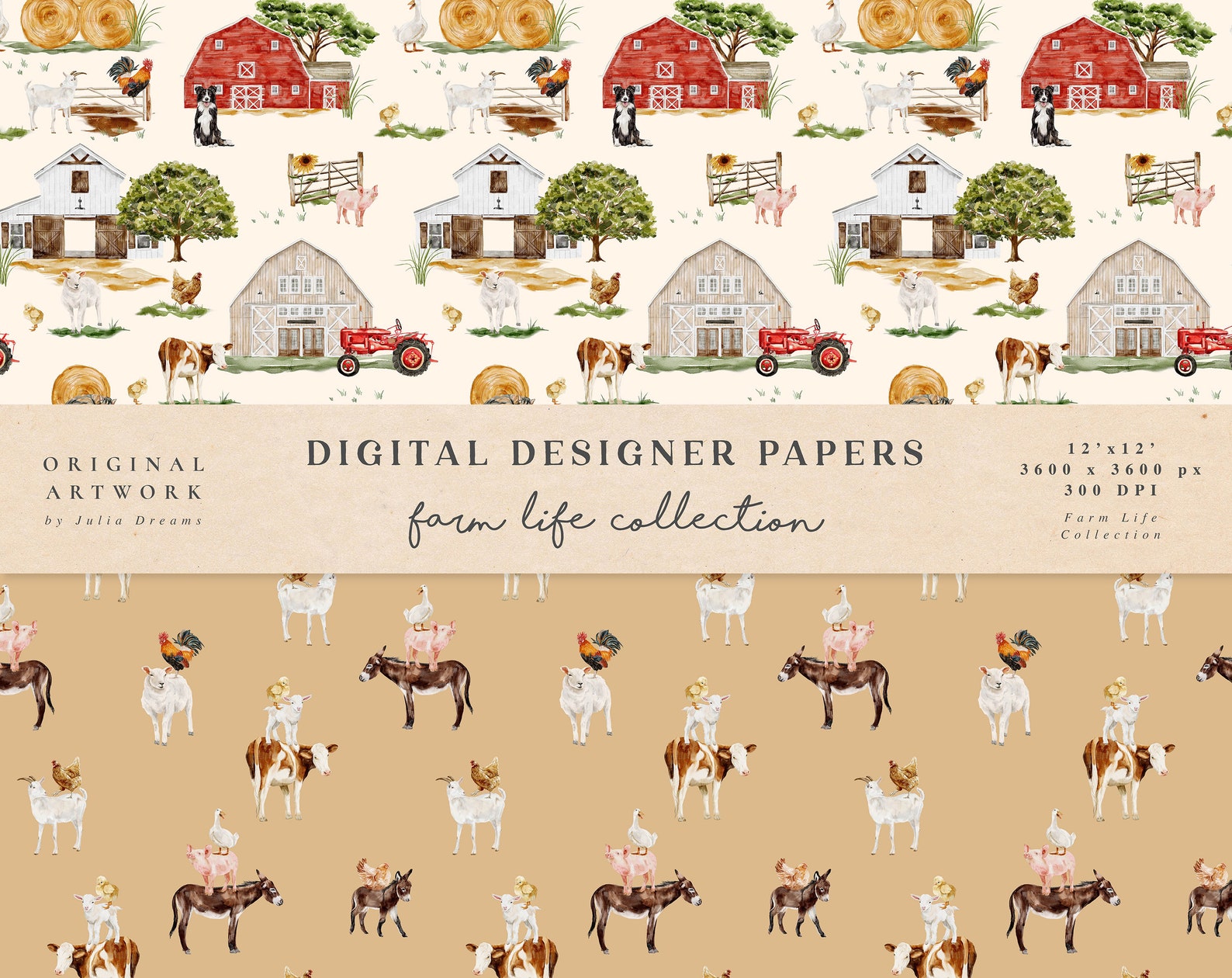 Farm Life Watercolor Digital Paper - Scrapbook Papers - Seamless ...