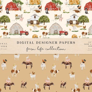 Farm Life Watercolor Digital Paper - Scrapbook Papers - Seamless ...