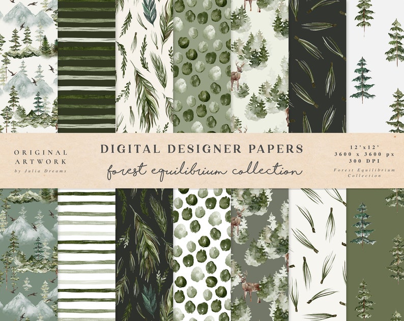 Watercolor Forest Digital Paper - Scrapbook Papers - Seamless Patterns ...