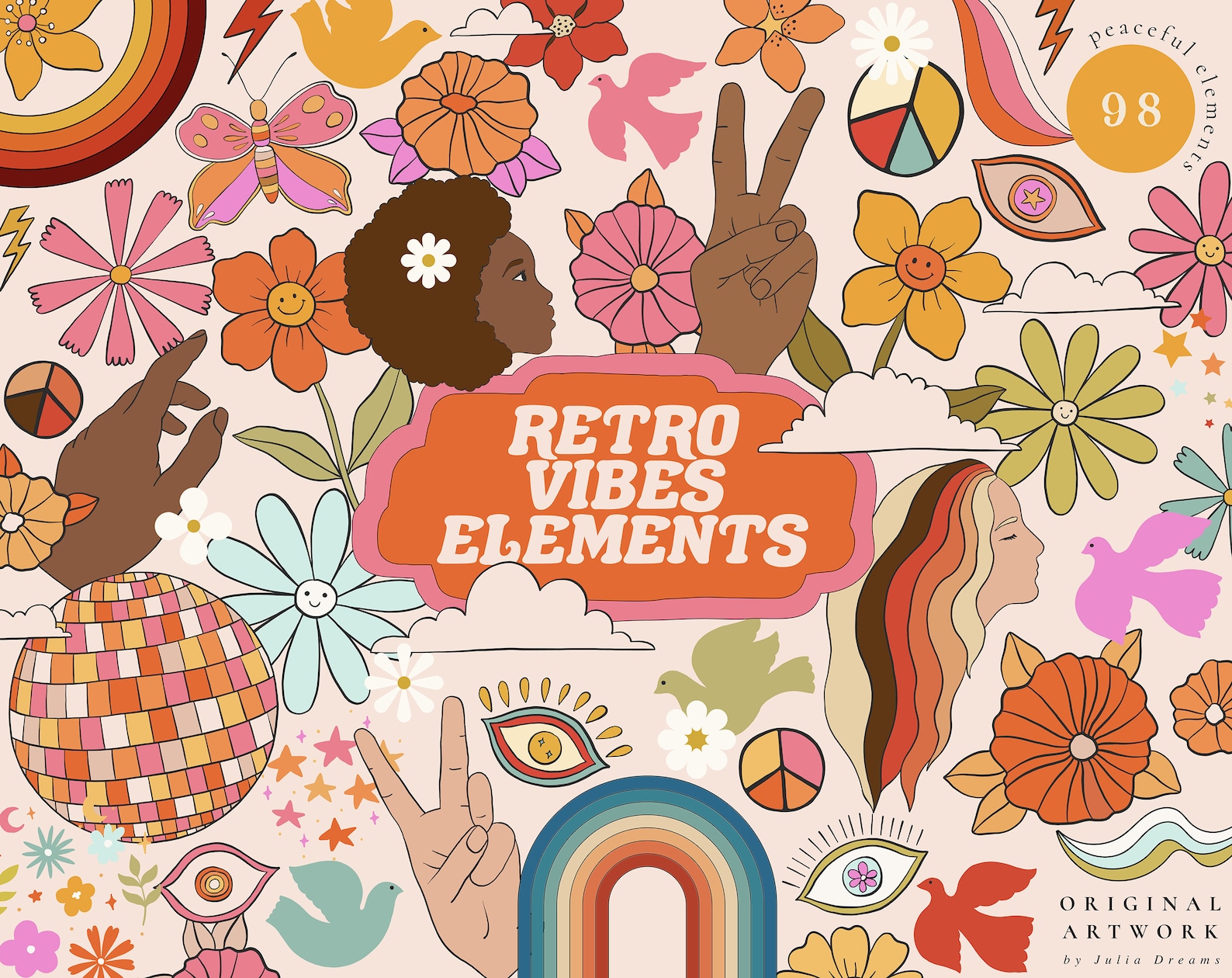 Retro Vibes Digital Clipart Set - 70's Clipart - Retro Flowers Hippie ...