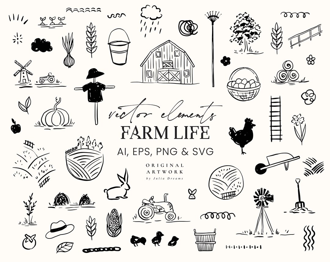Farm Vector SVG Clipart - Farm Elements - Hand Drawn Style - Animals ...