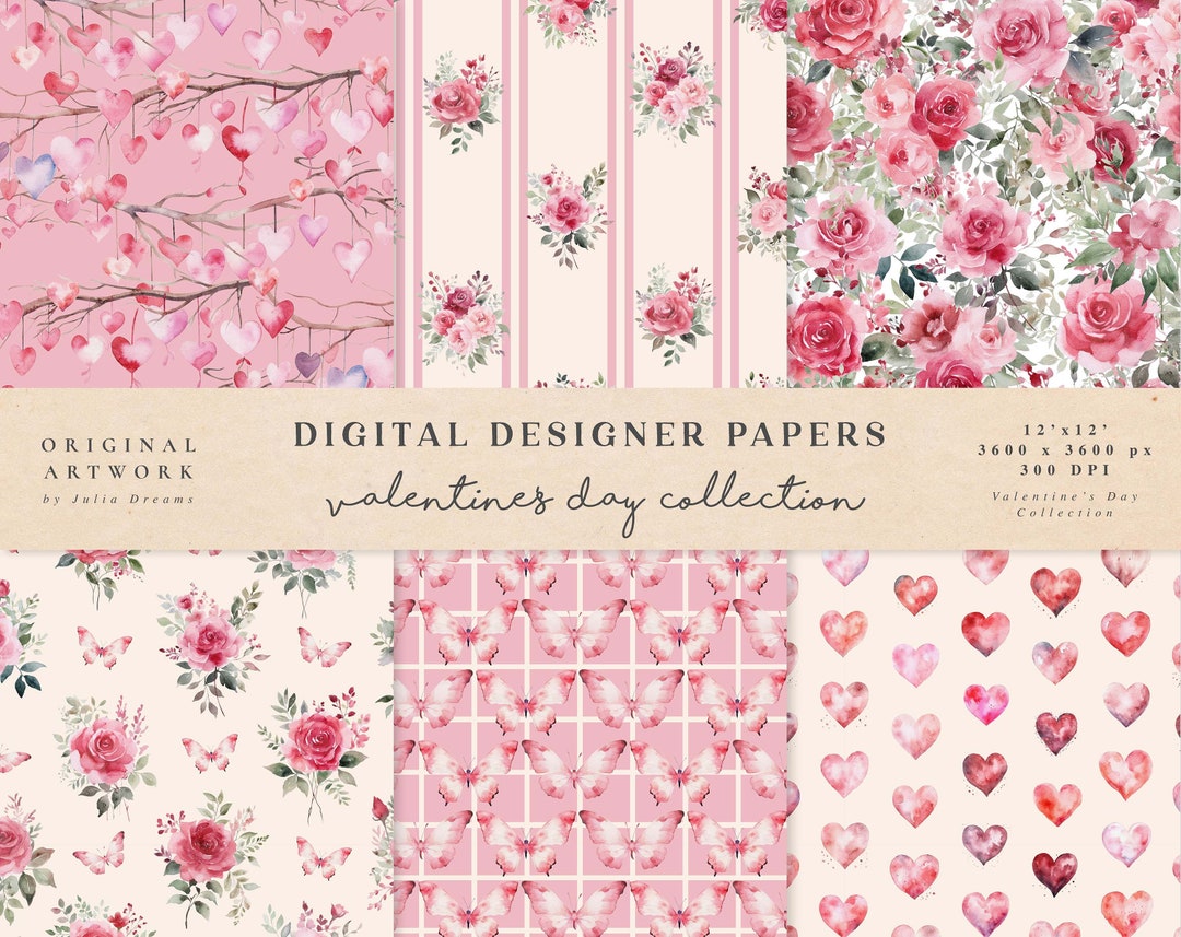 Valentines Day Watercolor Digital Papers - Scrapbook Papers - Seamless ...