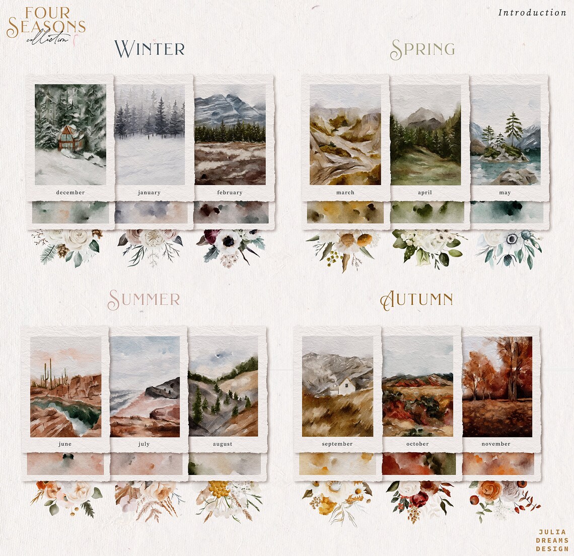 Four Seasons Watercolor Digital Clipart Landscape Clip Art | Etsy