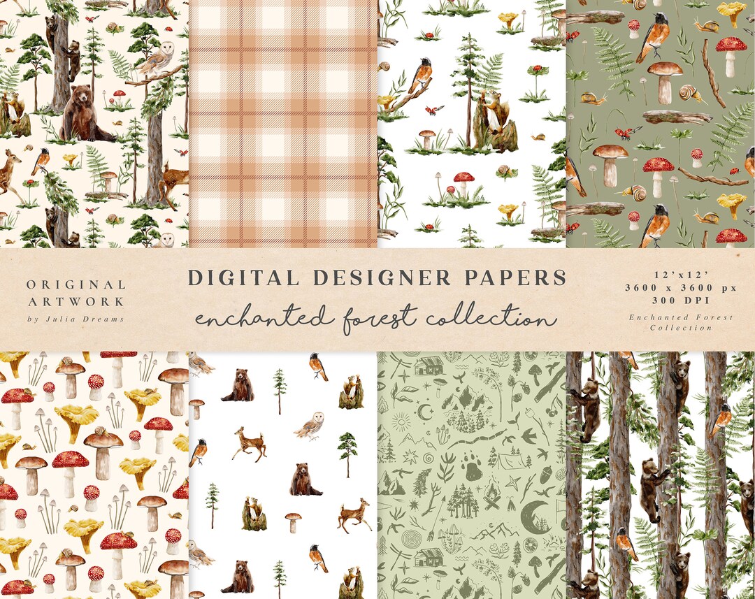Enchanted Forest Watercolor Forest Digital Paper - Scrapbook Papers ...