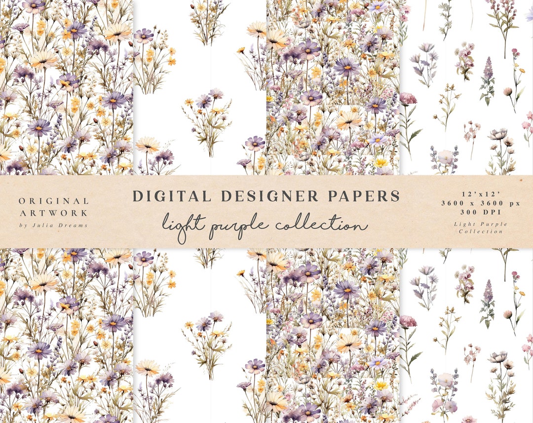 Light Purple Wildflowers Digital Paper - Watercolor Scrapbook Papers ...