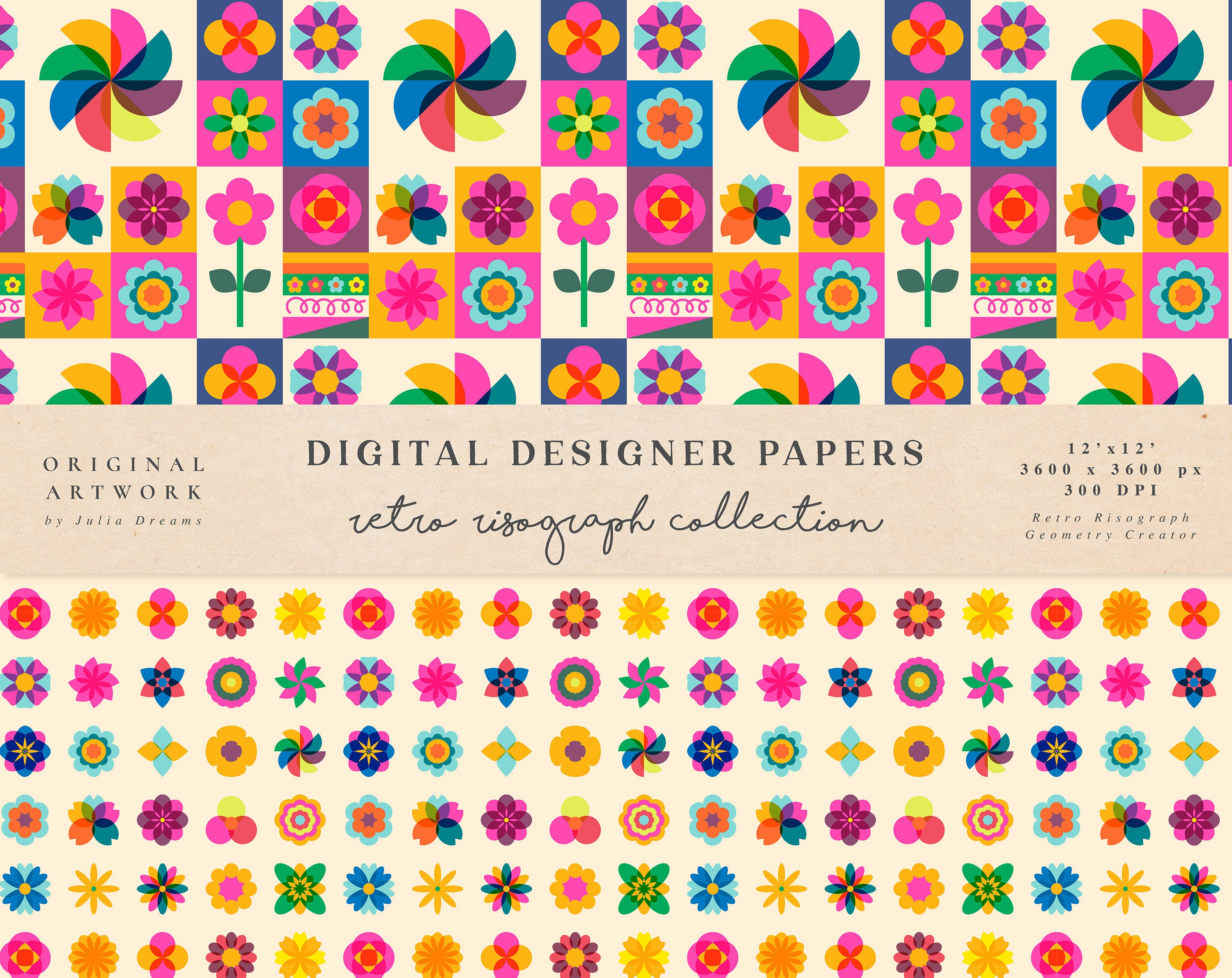 Retro Risograph Geometry Digital Papers - Commercial Use Scrapbook ...