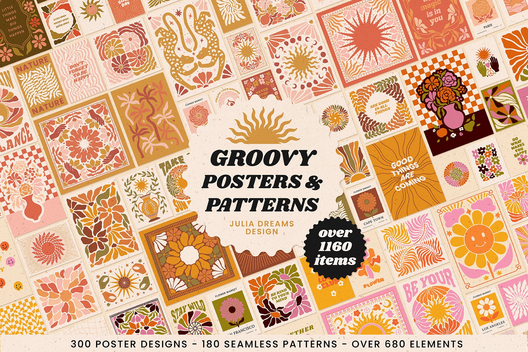 Groovy Posters Patterns Bundle Boho 70s Logo Digital Clipart - Etsy