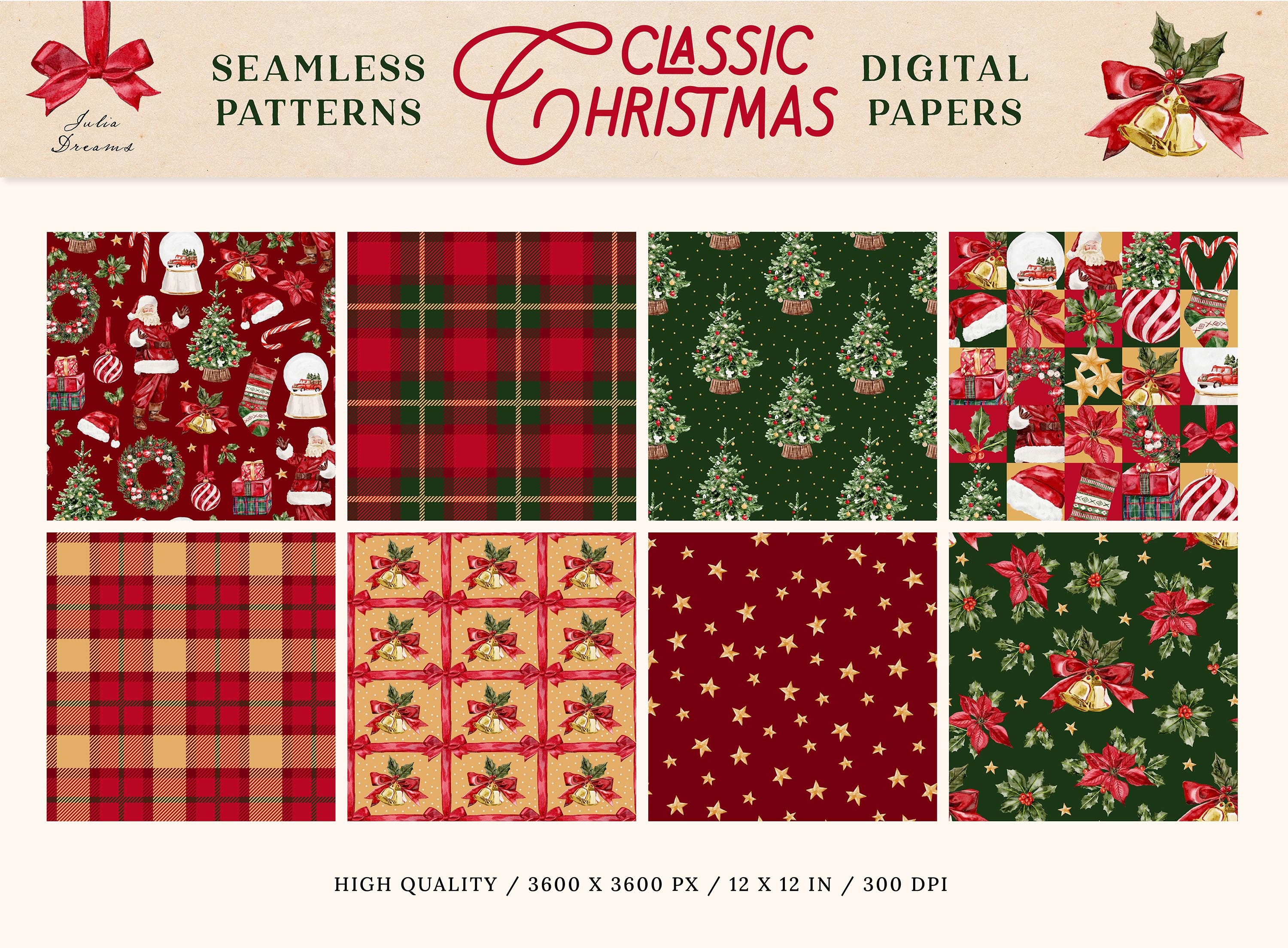 Classic Christmas Digital Papers - Seamless Patterns - Christmas Print ...