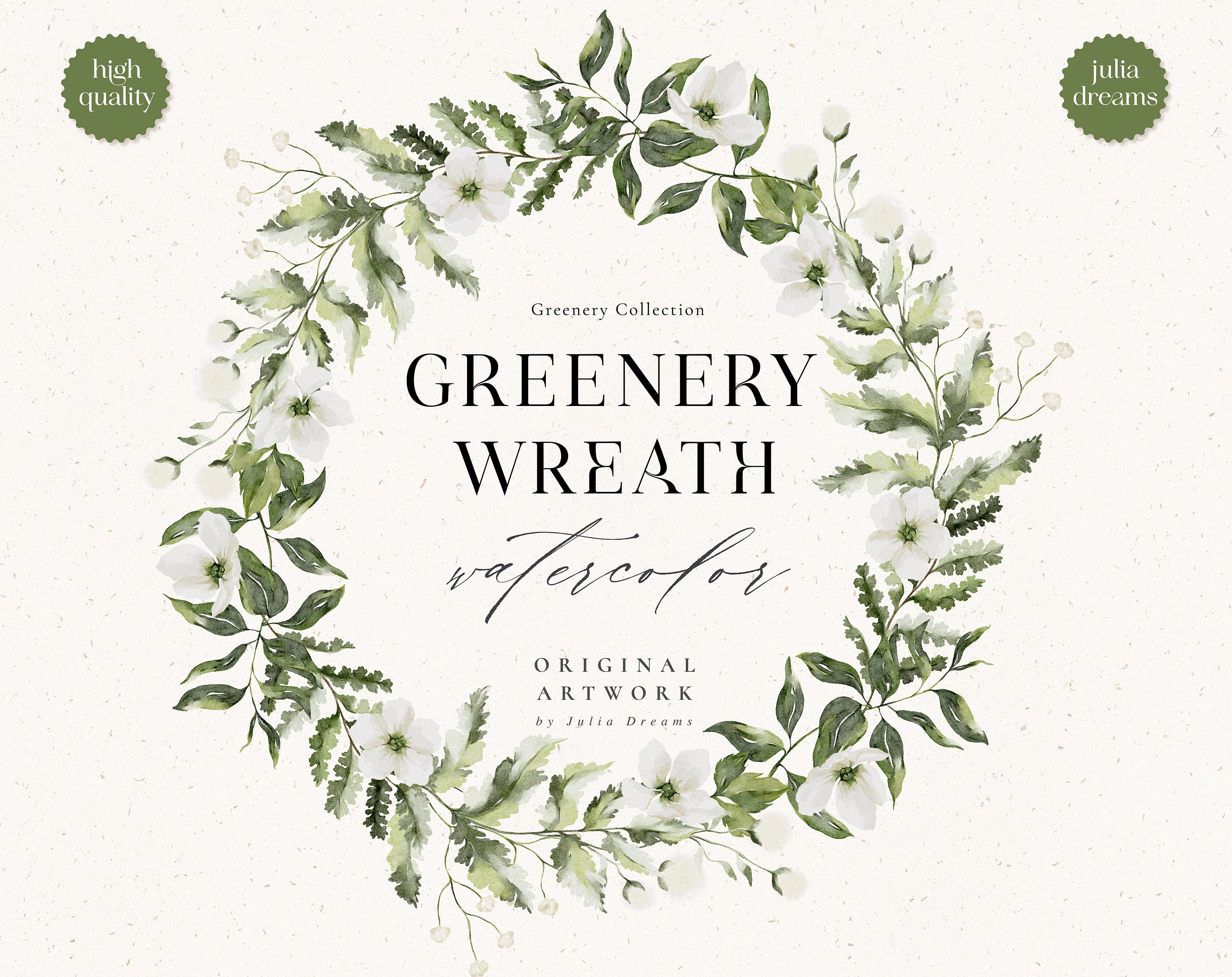 Watercolor Greenery Wreath White Flowers Digital Clipart - Etsy