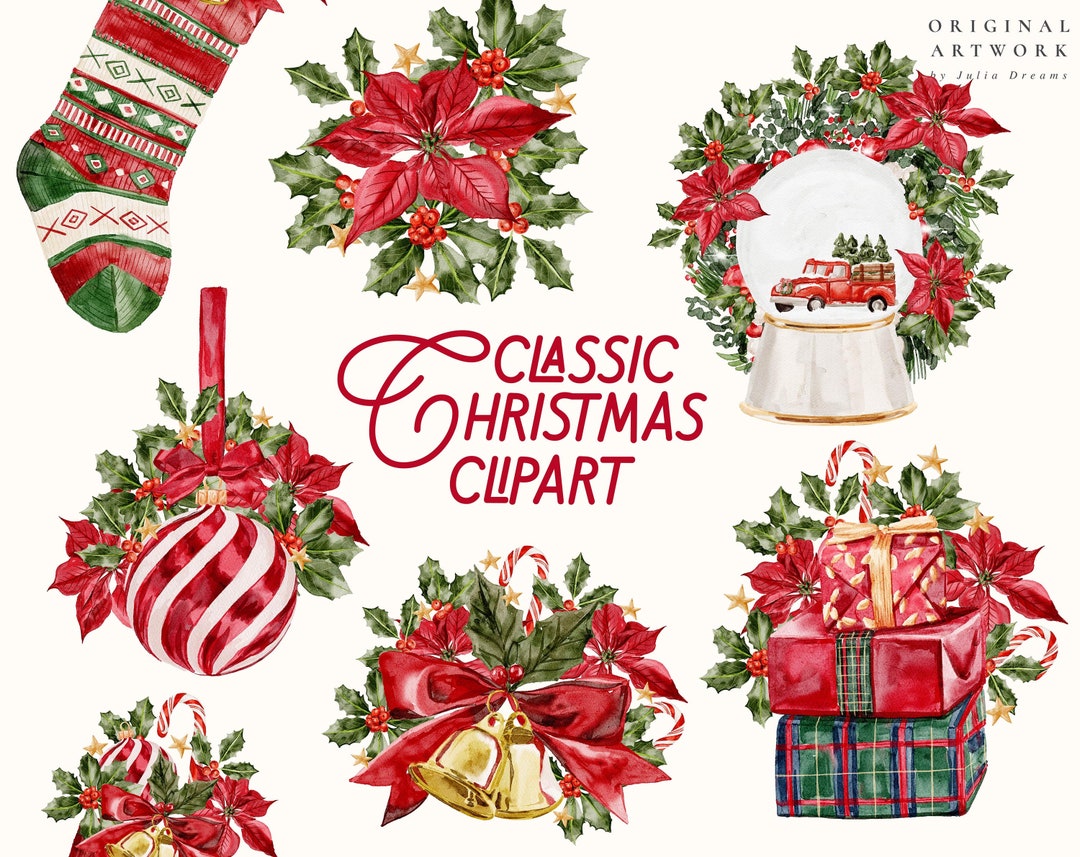 Classic Christmas Watercolor Compositions Clipart - Vintage Christmas ...