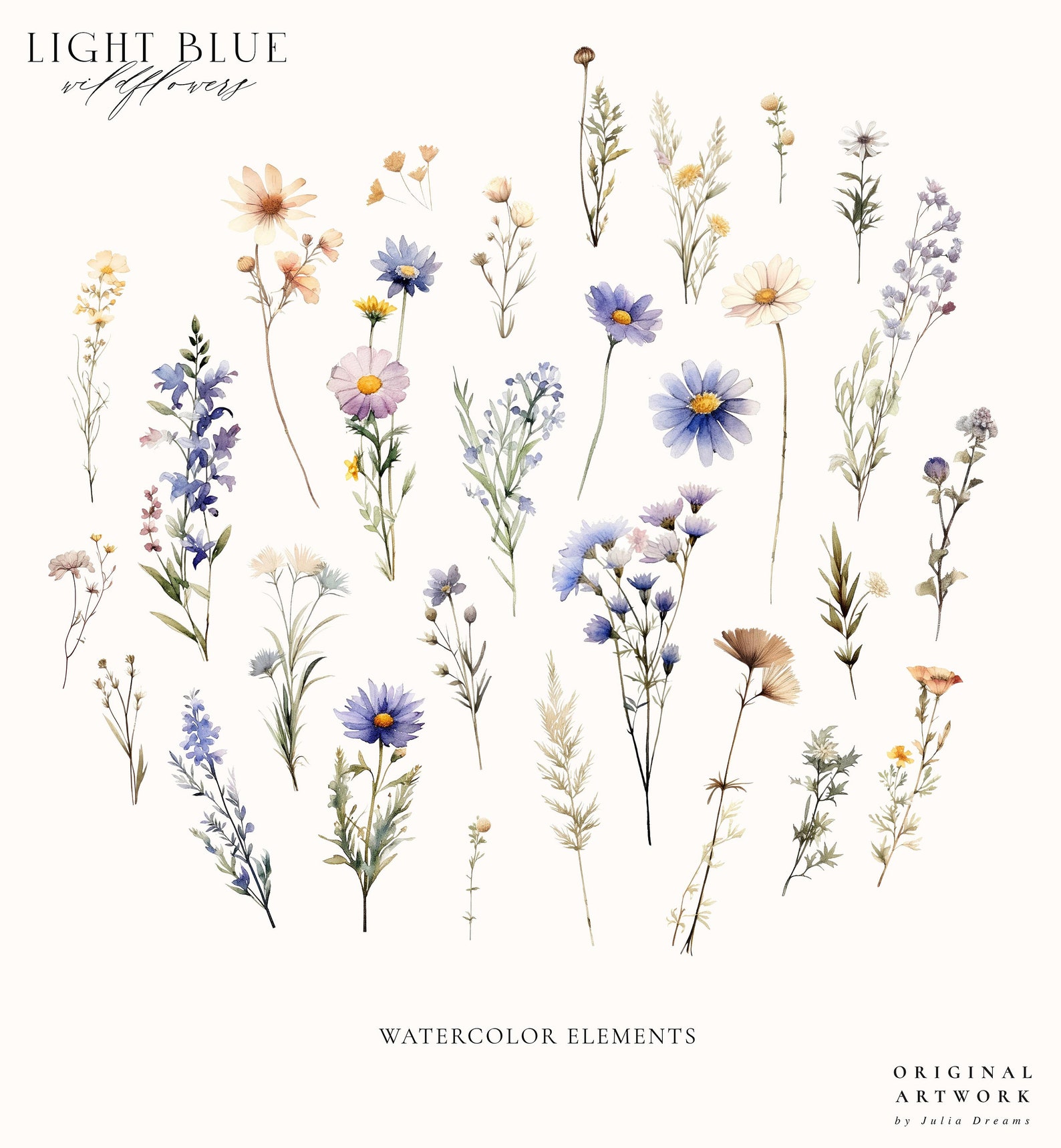 Light Blue Wildflowers Watercolor Set - Digital Clipart - Individual ...