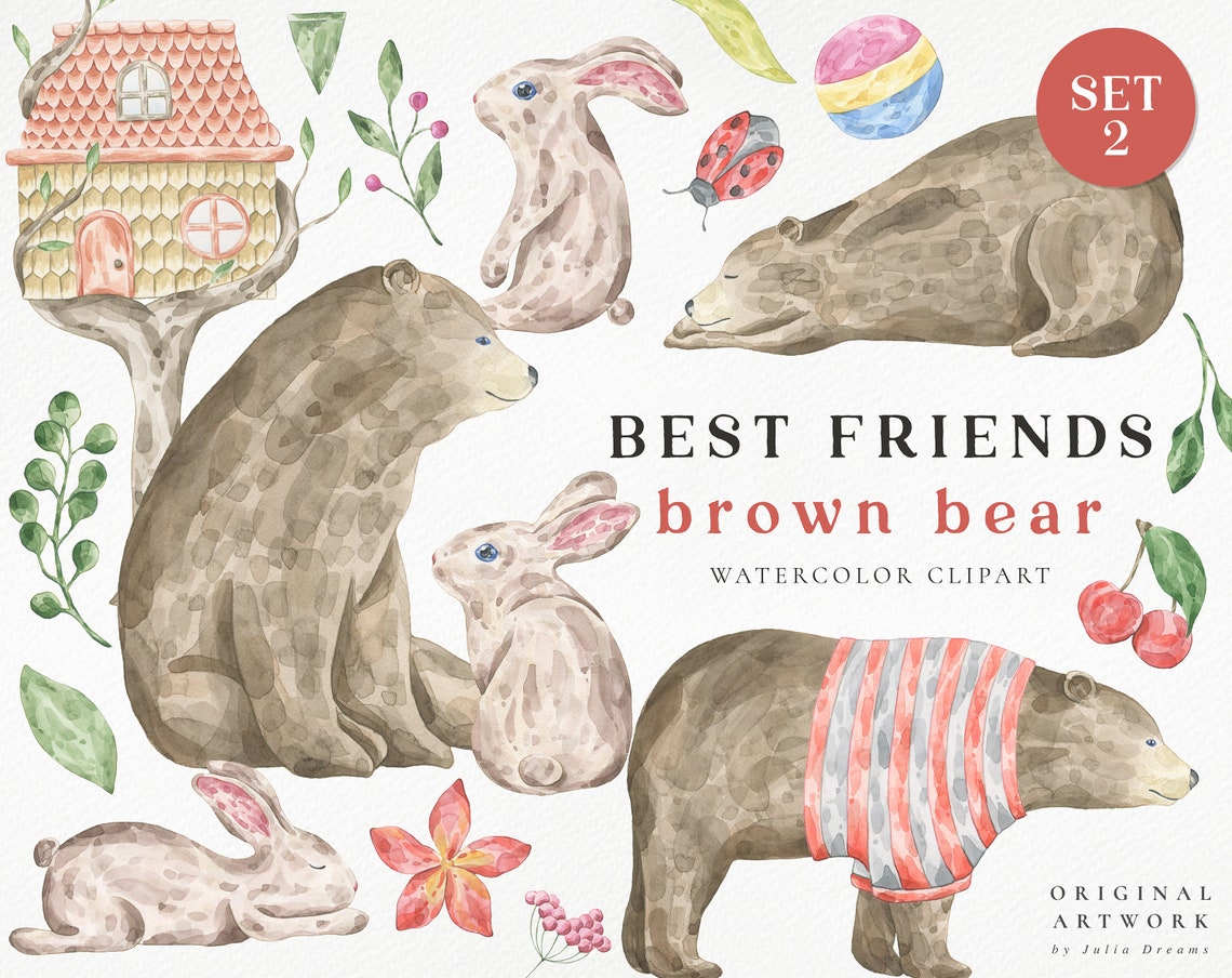 Brown Bear and Rabbit Watercolor Clipart Baby Shower Clip | Etsy