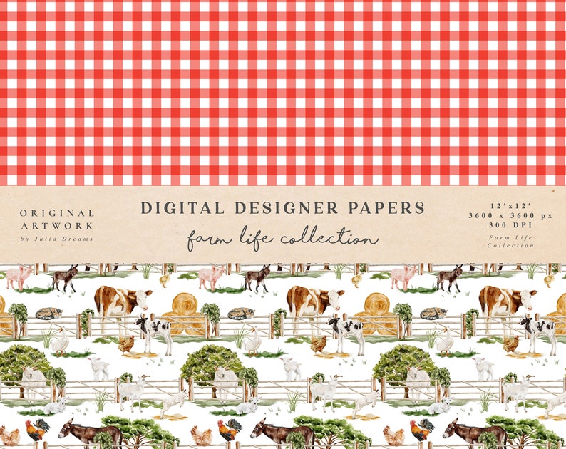 Farm Life Watercolor Digital Paper - Scrapbook Papers - Seamless ...