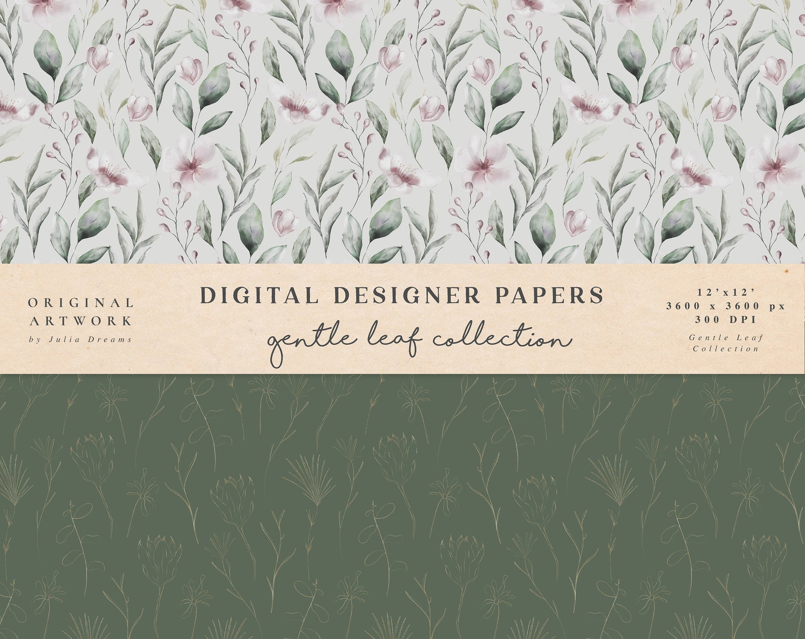 Gentle Leaf Digital Paper - Watercolor Scrapbook Papers - Seamless ...