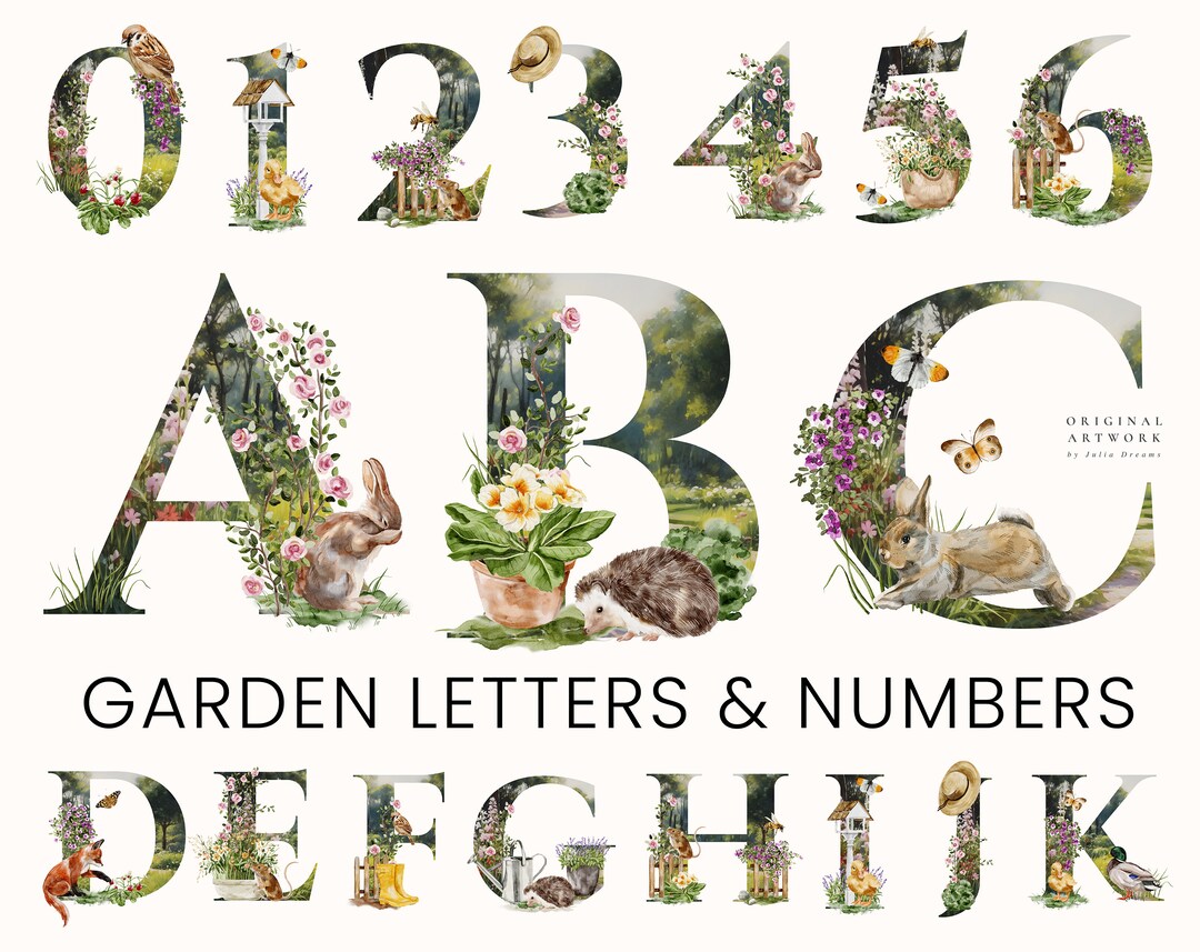 Watercolor Garden Alphabet Letters Numbers - Gardening Animals Plants ...