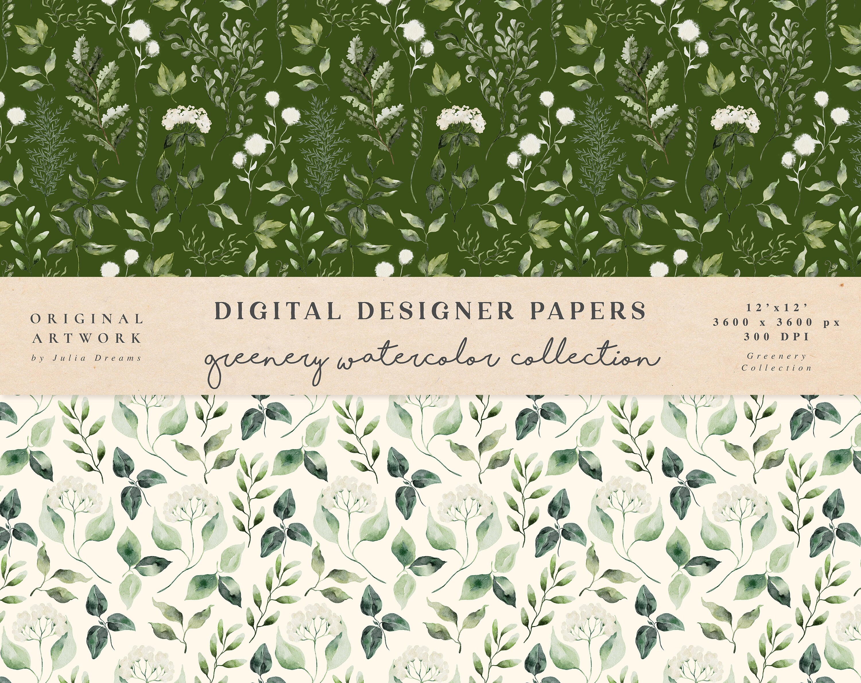 Greenery Watercolor Digital Paper Scrapbook Papers - Etsy