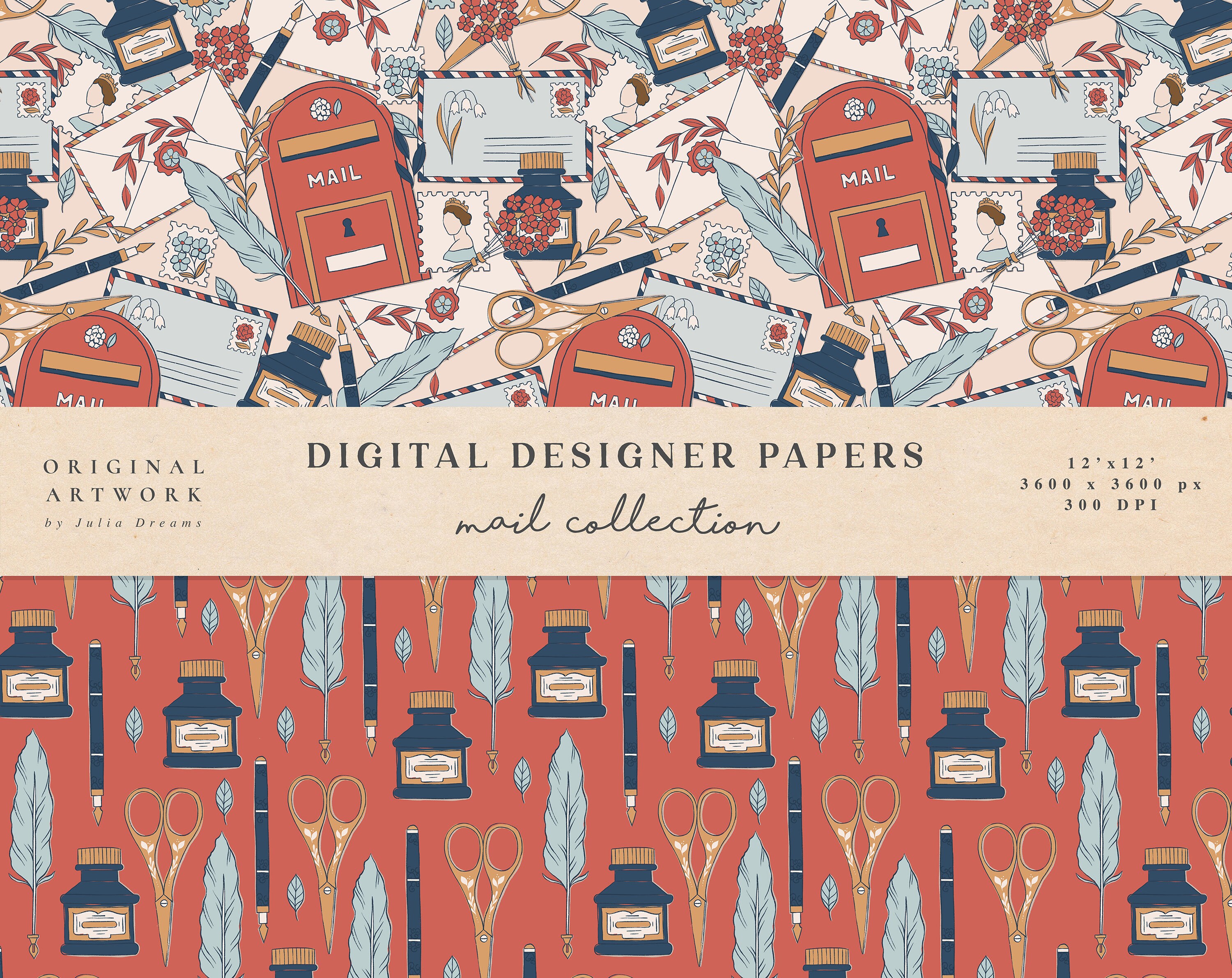 Mail Digital Paper Set - Scrapbook Paper - Seamless Patterns - Digital ...