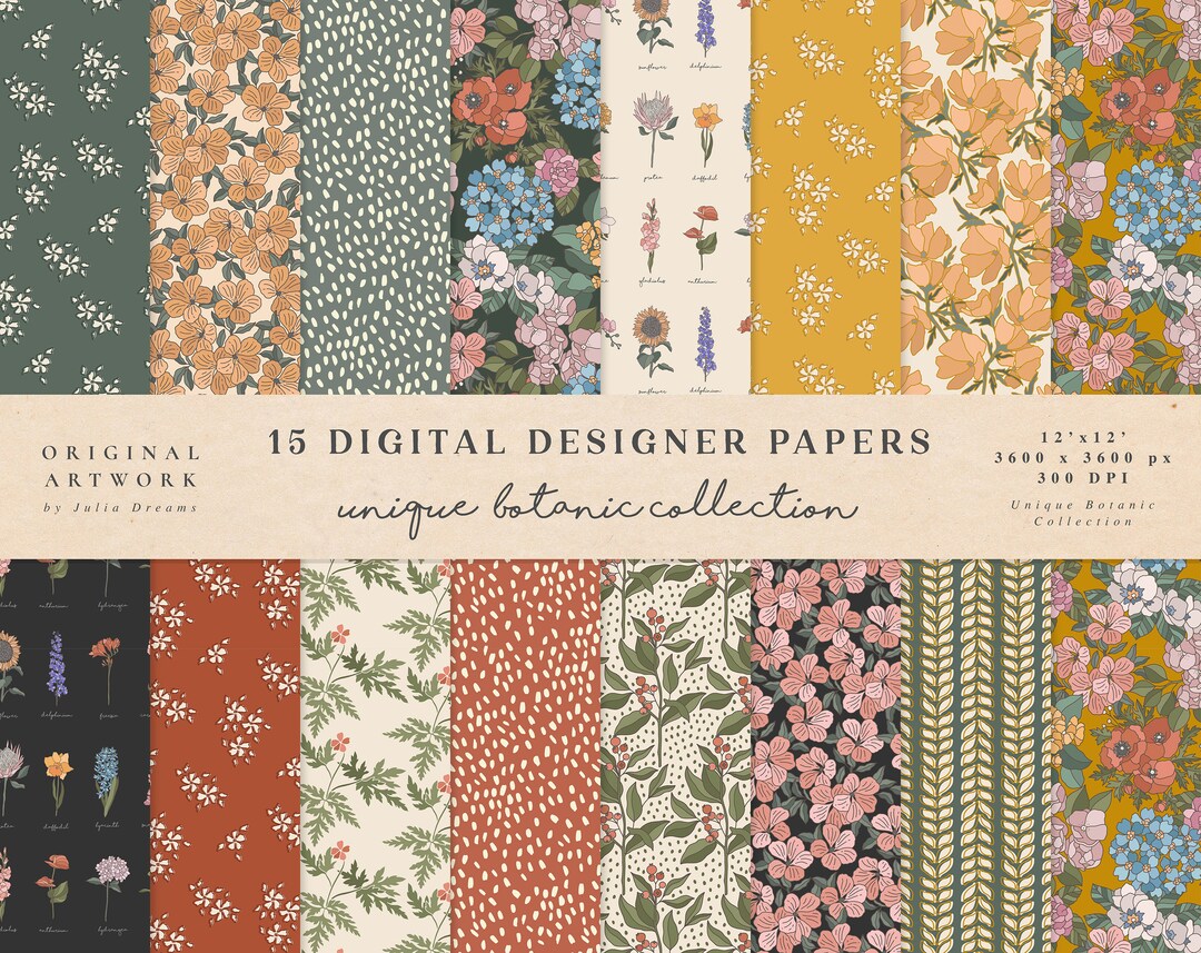 Unique Botanic Digital Paper Set - Scrapbook Paper - Seamless Patterns ...
