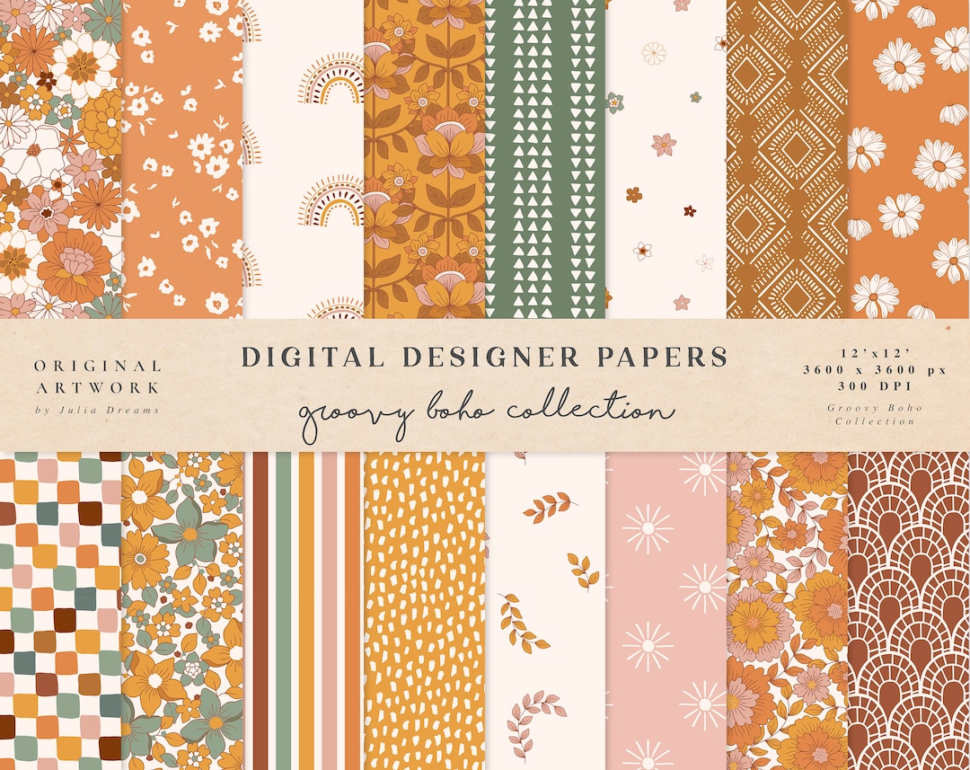 Groovy Boho Digital Papers - Commercial Use - Scrapbook Paper ...