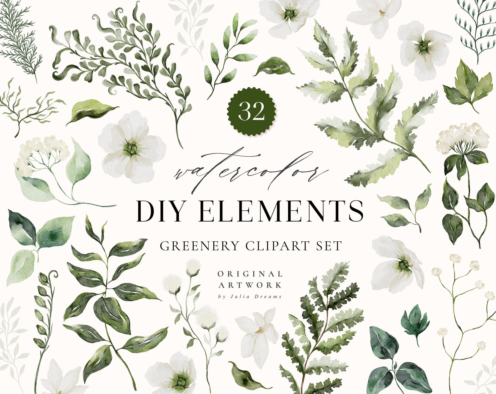 Greenery Watercolor Clipart Set Green Leaves Floral DIY - Etsy