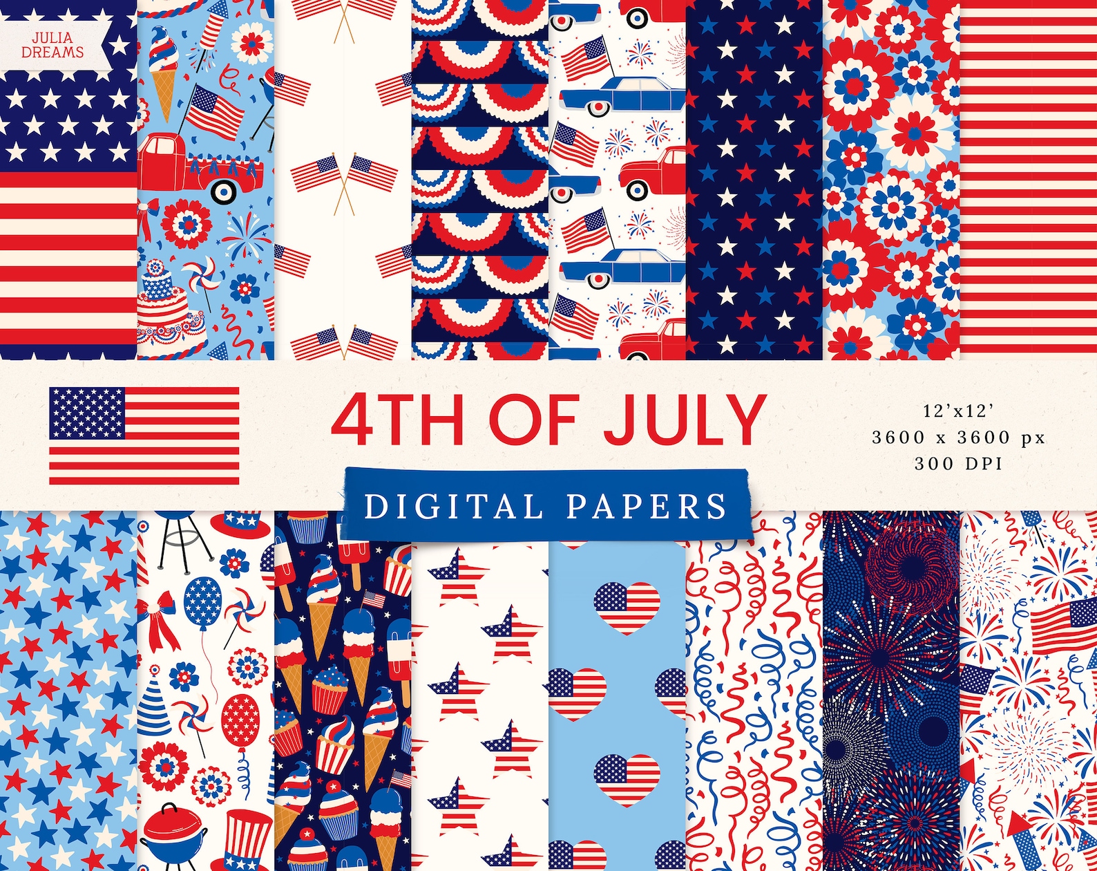 4th of July Digital Papers - Commercial Use - Scrapbook Paper ...
