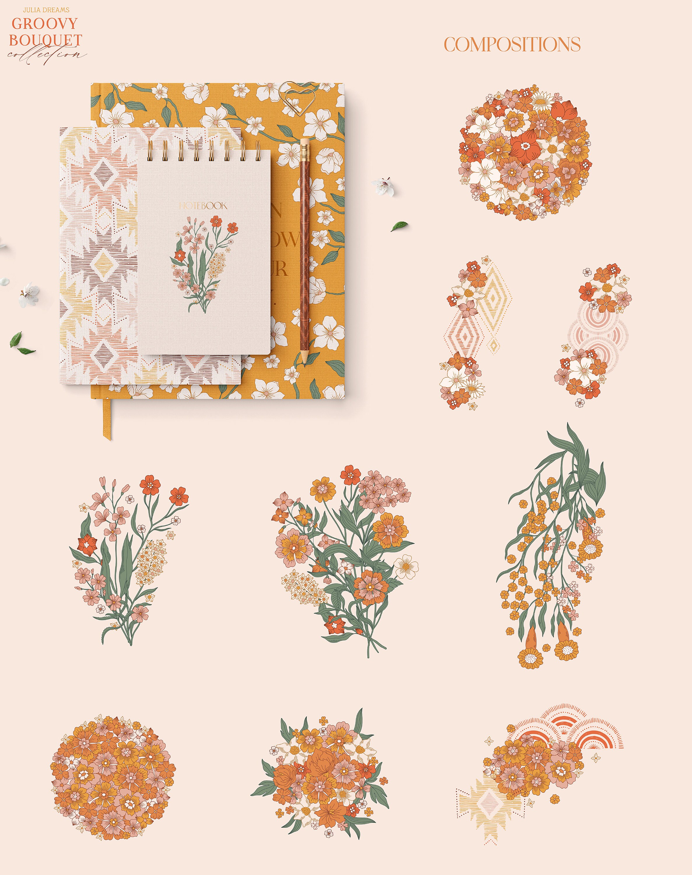 Groovy Boho Flowers Bouquet Floral Logo Clipart - Etsy