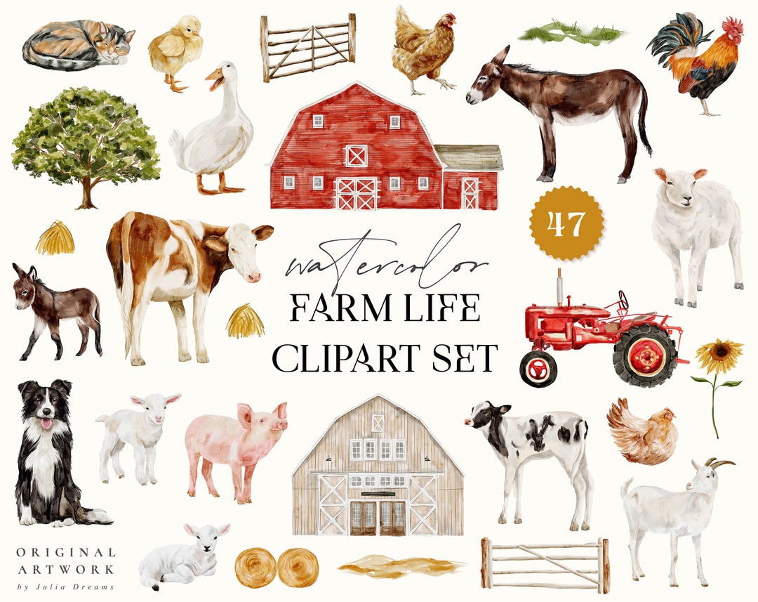 Watercolor Farm Life Clipart Set - Digital Watercolor Animals - Baby ...