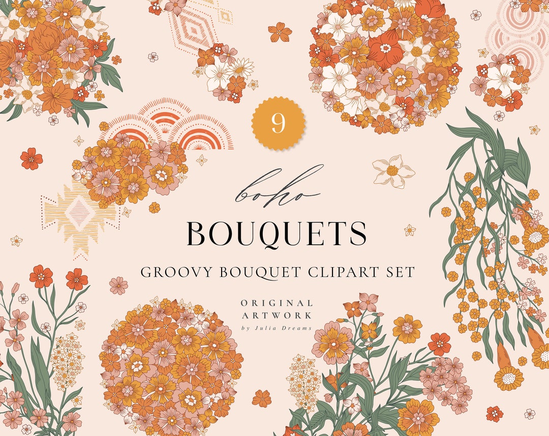 Groovy Boho Flowers Bouquet - Floral Logo Clipart - Arrangements ...