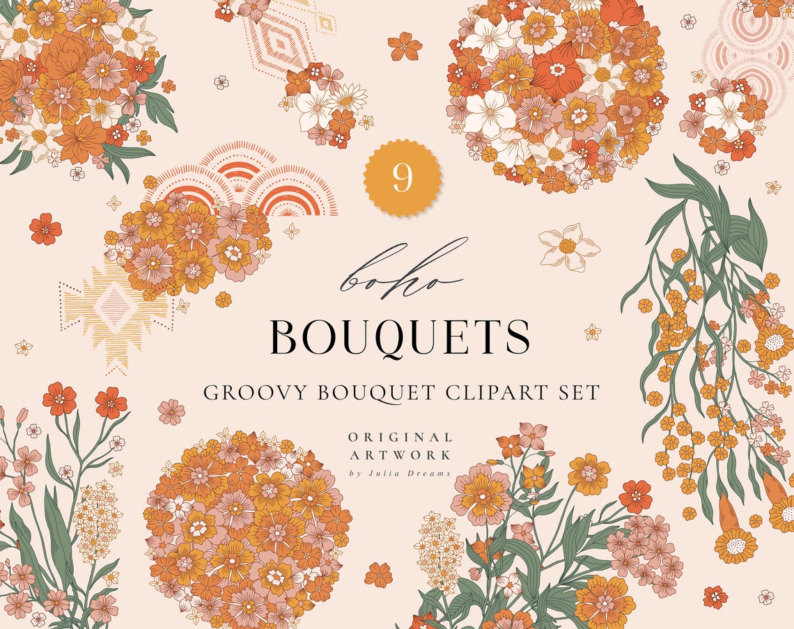 Groovy Boho Flowers Bouquet - Floral Logo Clipart - Arrangements ...
