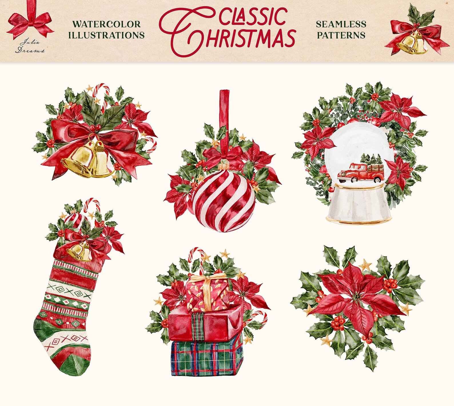 Classic Christmas Watercolor Compositions Clipart - Vintage Christmas ...