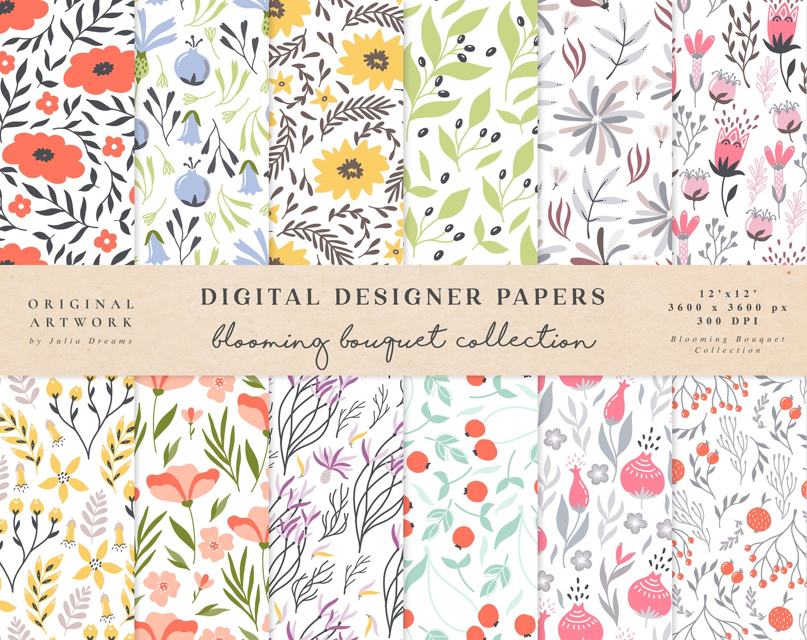 Blooming Bouquet Digital Paper Set - Scrapbook Paper - Seamless ...