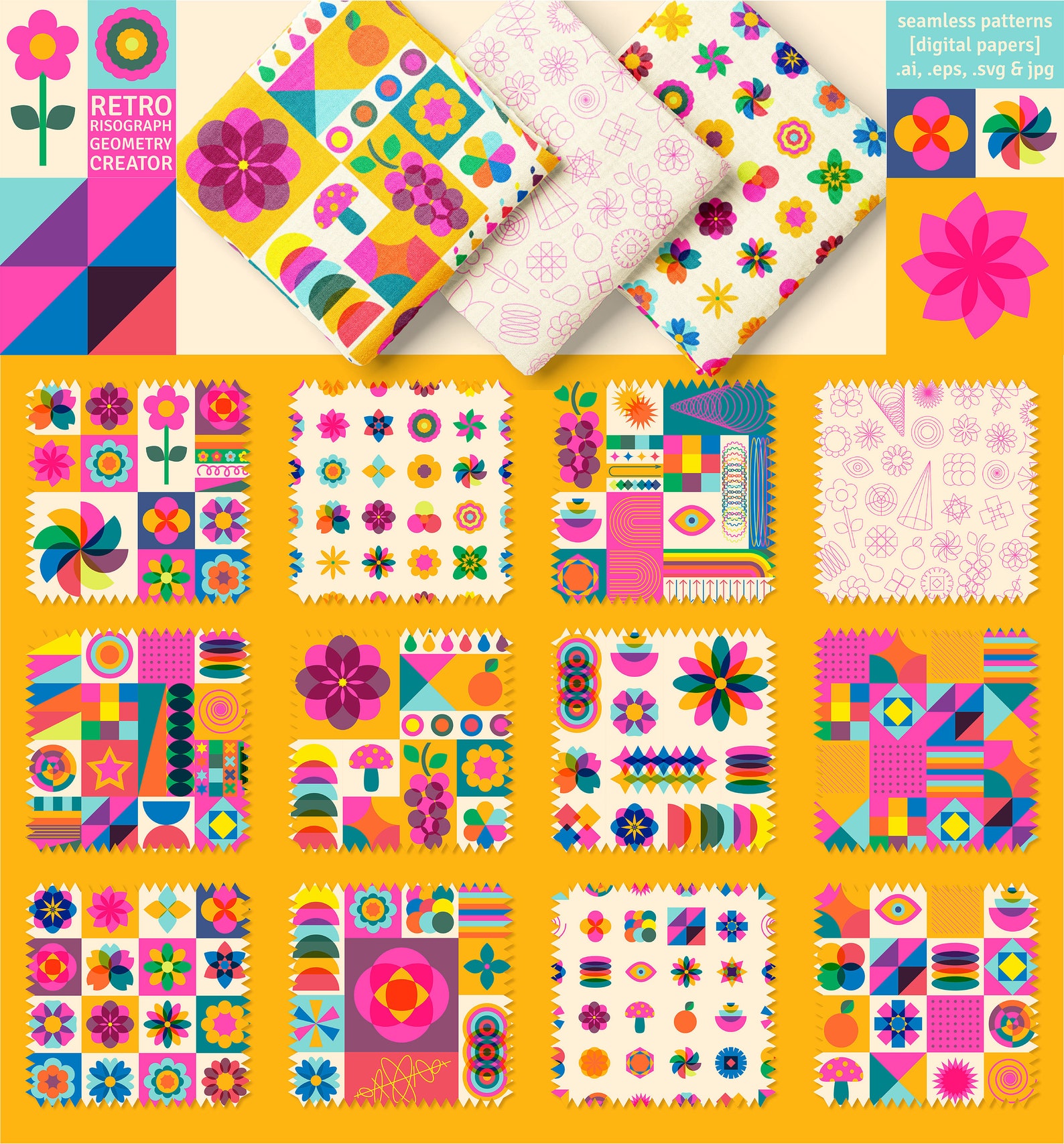 Retro Risograph Geometry Digital Papers - Commercial Use Scrapbook ...