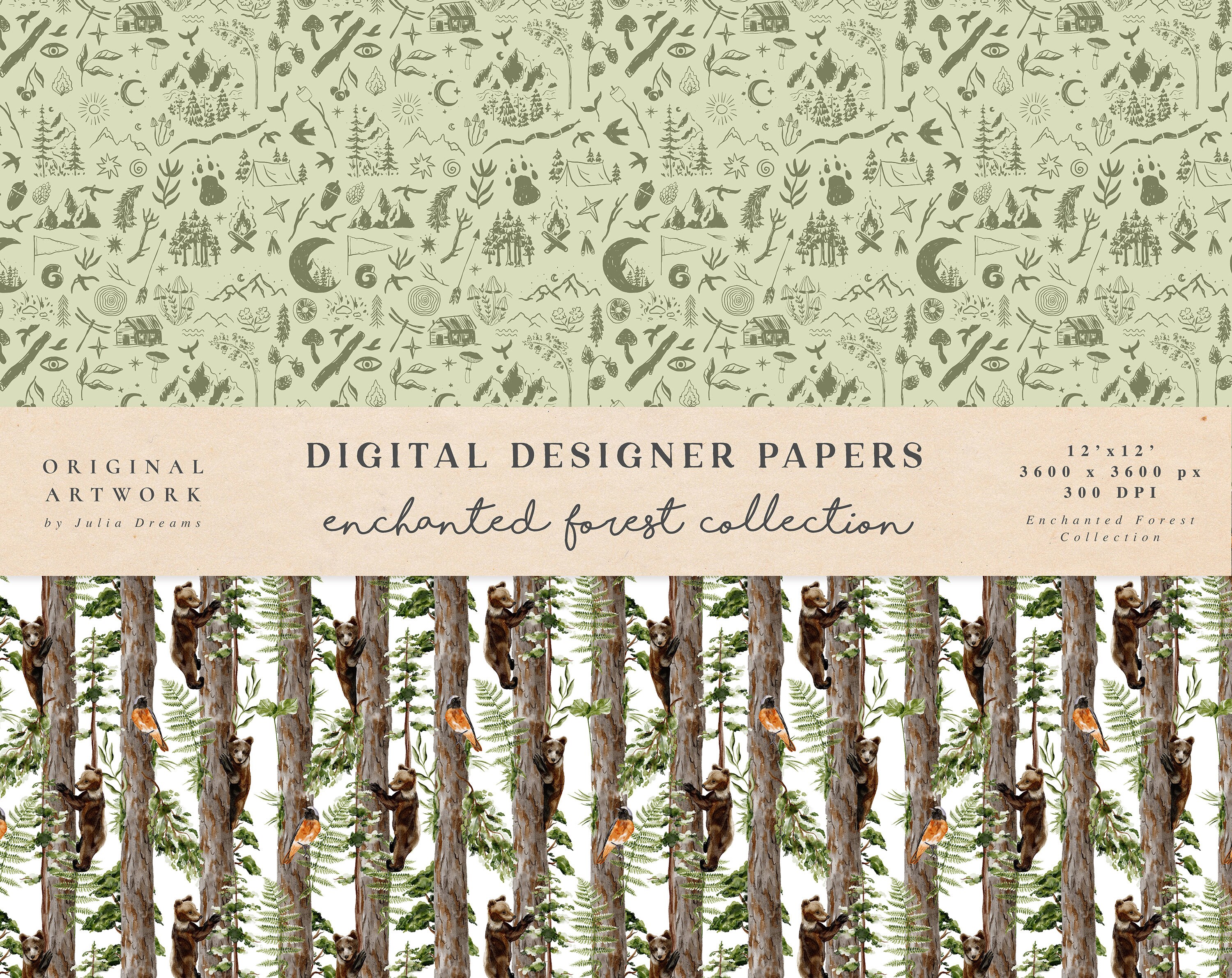 Enchanted Forest Watercolor Forest Digital Paper - Scrapbook Papers ...