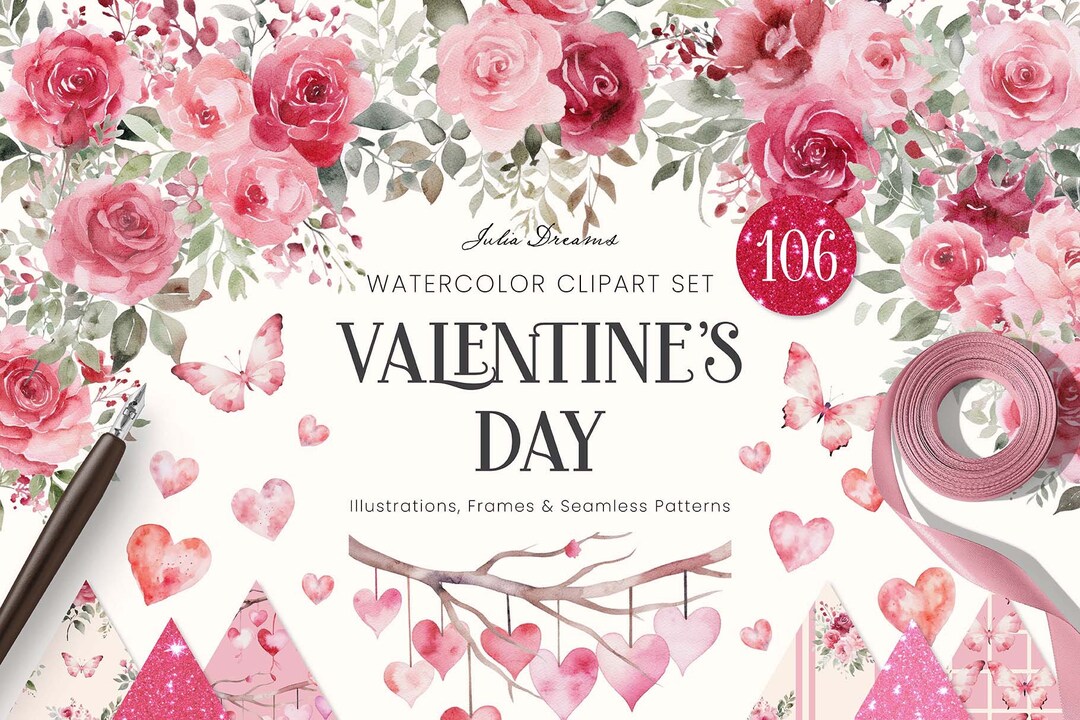 Valentine's Day Watercolor Digital Clipart Set - Valentines Card ...