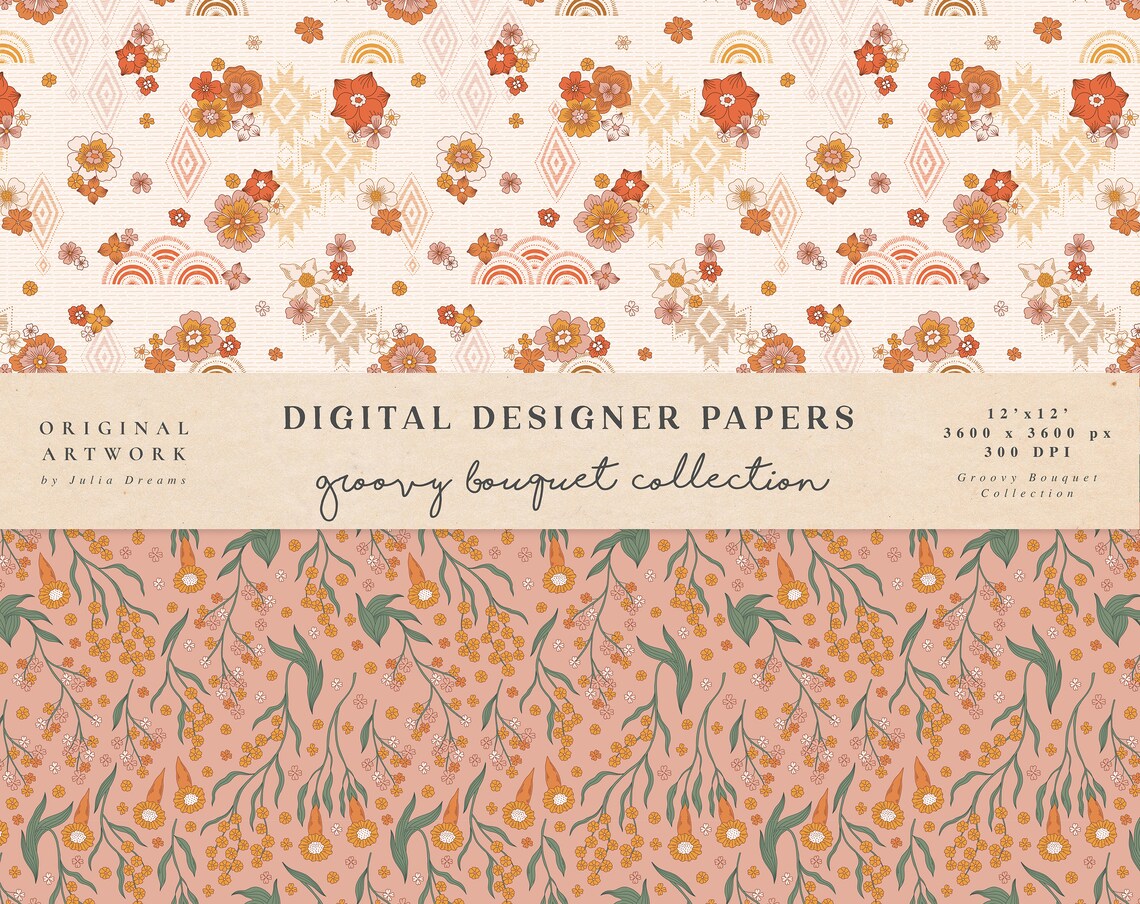 Groovy Bouquet Digital Papers - Commercial Use - Scrapbook Paper ...