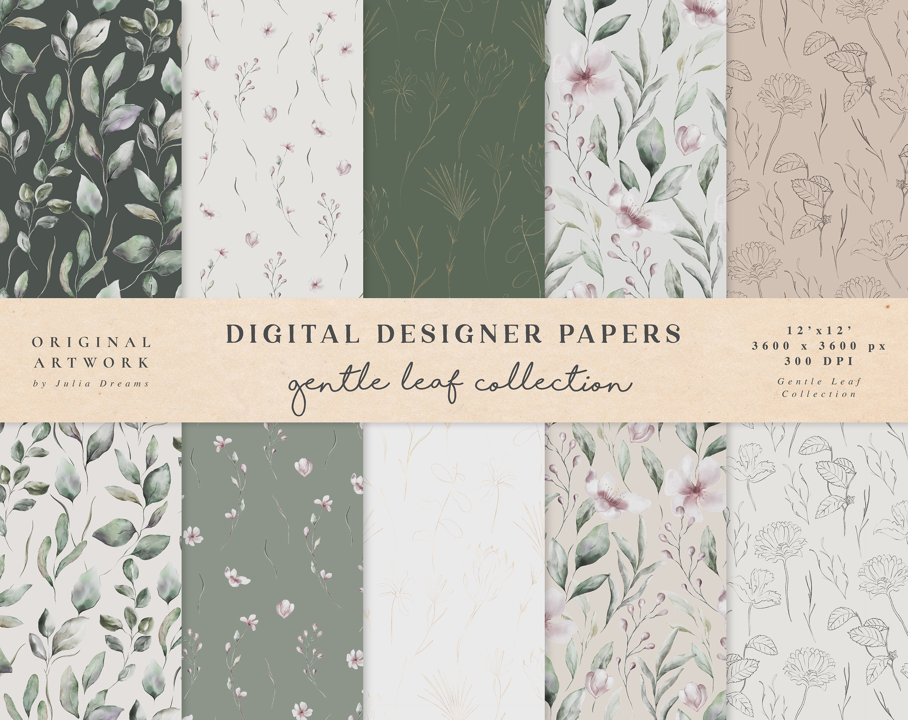 Gentle Leaf Digital Paper - Watercolor Scrapbook Papers - Seamless ...