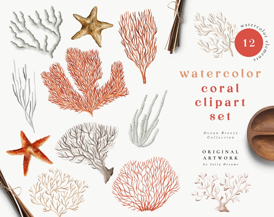 Watercolor Coral Digital Clipart Set - Ocean Breeze - Wedding ...