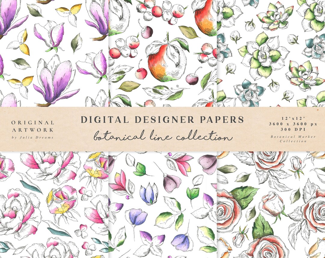 Botanical Line Watercolor Digital Paper - Scrapbook Papers - Seamless ...