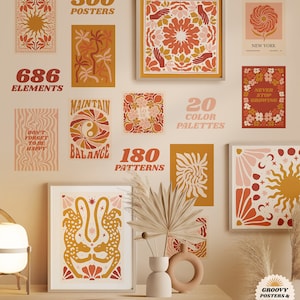 Groovy Posters Patterns Bundle - Boho 70s Logo Digital Clipart ...