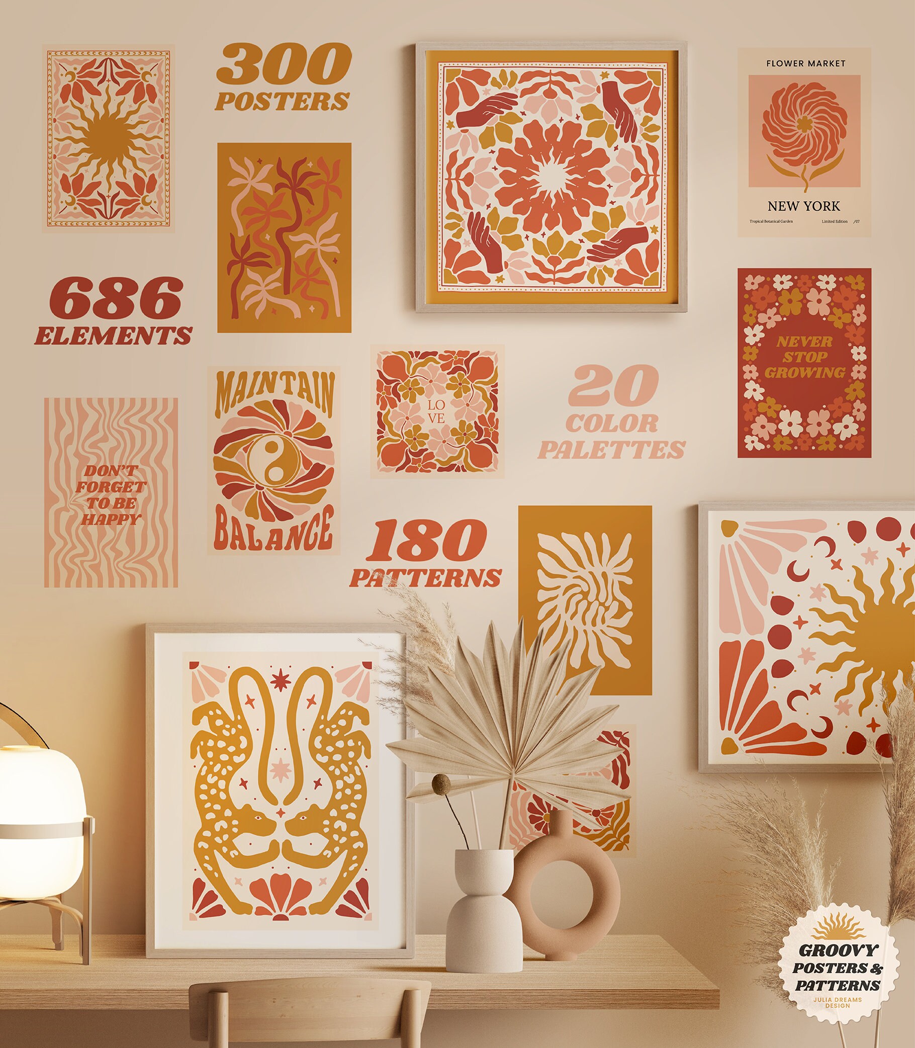 Groovy Posters Patterns Bundle Boho 70s Logo Digital Clipart - Etsy