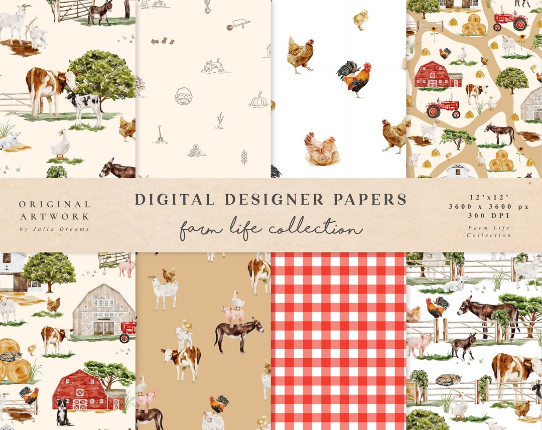 Farm Life Watercolor Digital Paper - Scrapbook Papers - Seamless ...